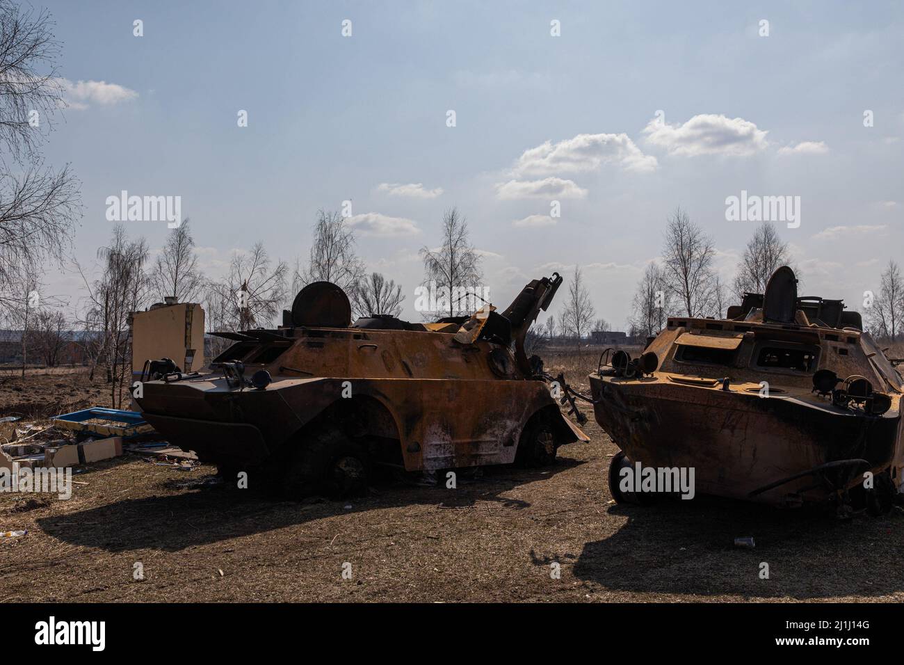 Two Russian APC (Armoured personnel carrier) can be seen destroyed in ...