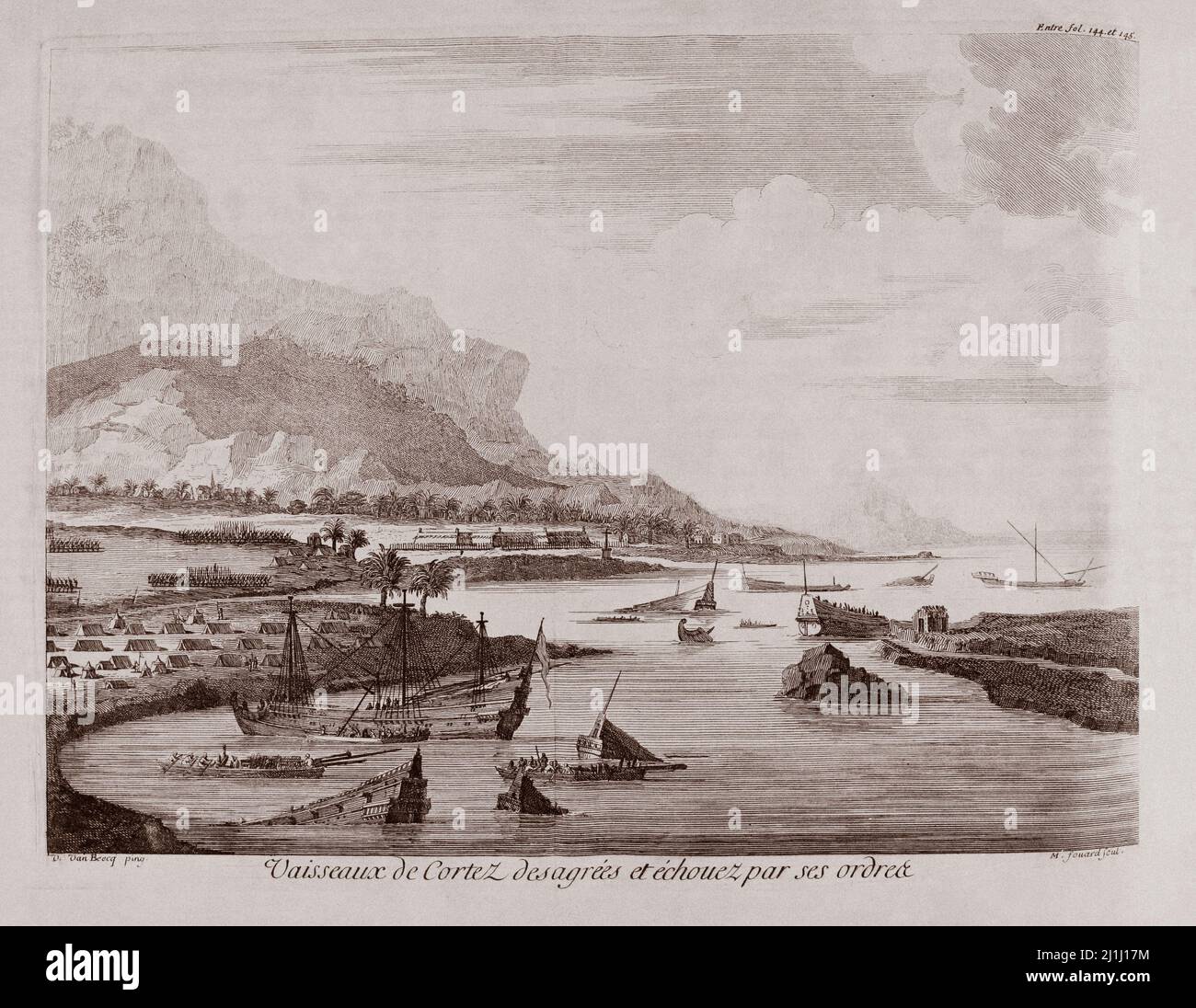 17th-century engraving of Cortez ships destroyed and fail by his orders ...