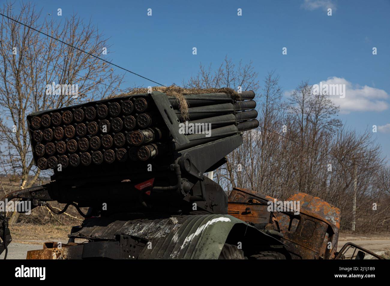 Kyiv, Ukraine. 25th Mar, 2022. A destroyed Russian MLRS(multiple launch ...