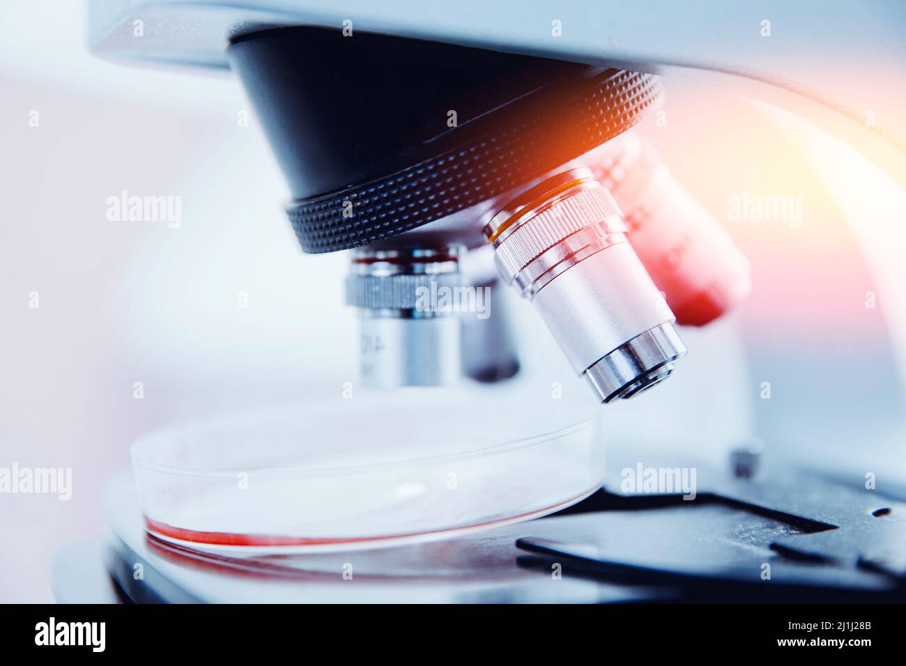 Closeup microscope laboratory, blood test running, virus check banner ...
