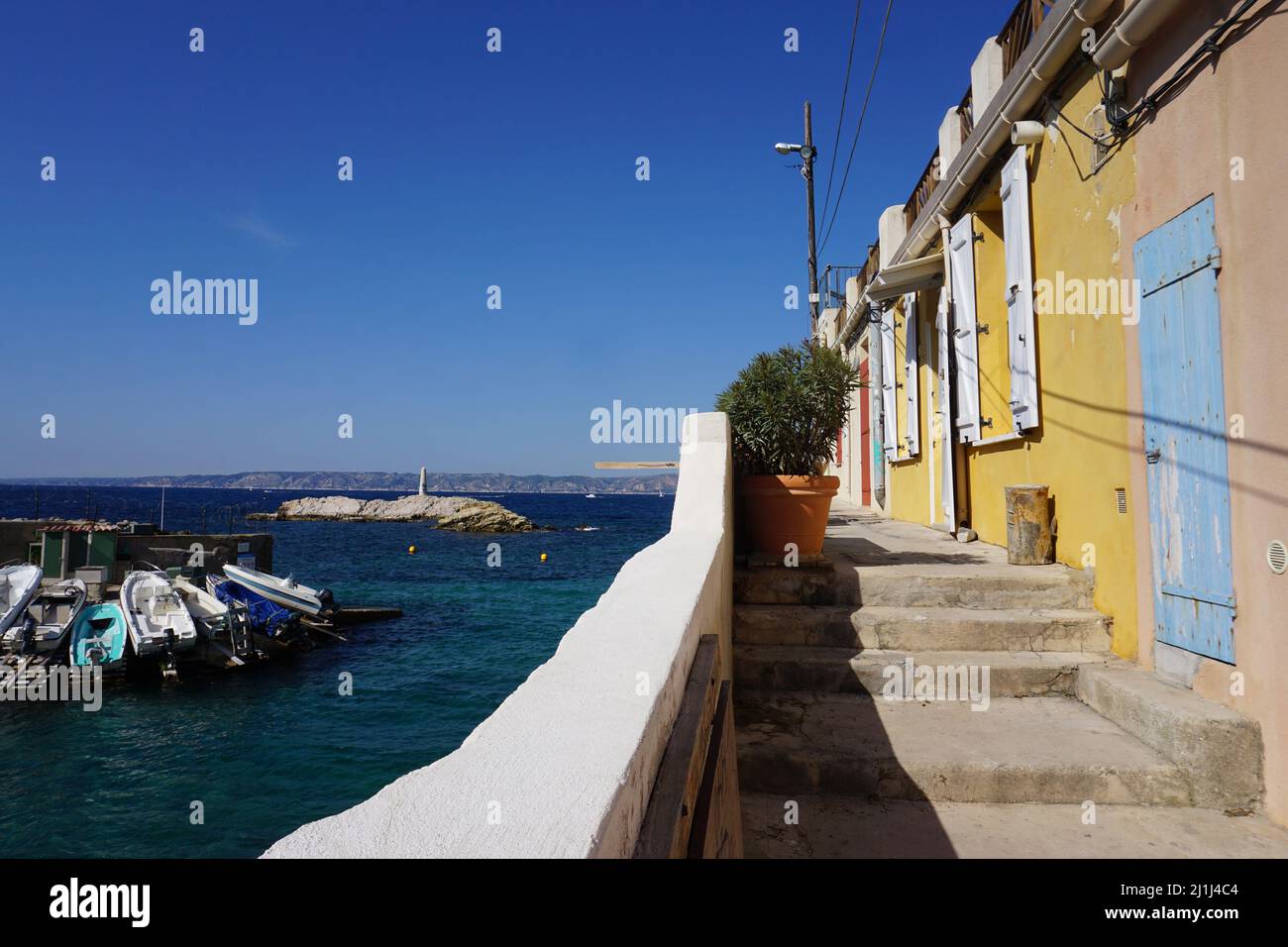 panoramic view of old colorful beach buildings in Marseille, France ...
