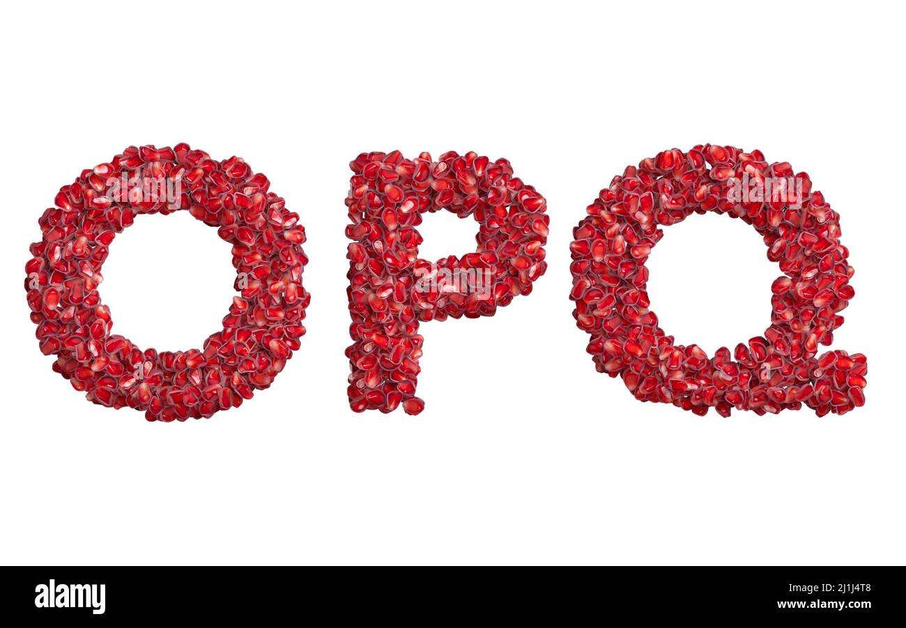 3d alphabet, uppercase letters OPQ made of pomegranate grains, 3d ...