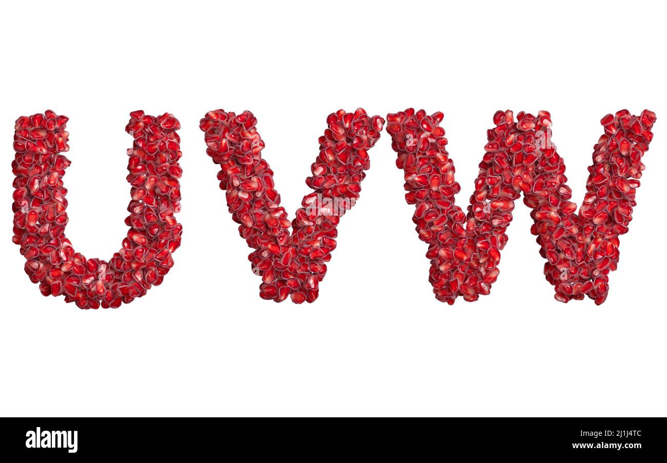 3d alphabet, uppercase letters UVW made of pomegranate grains, 3d ...