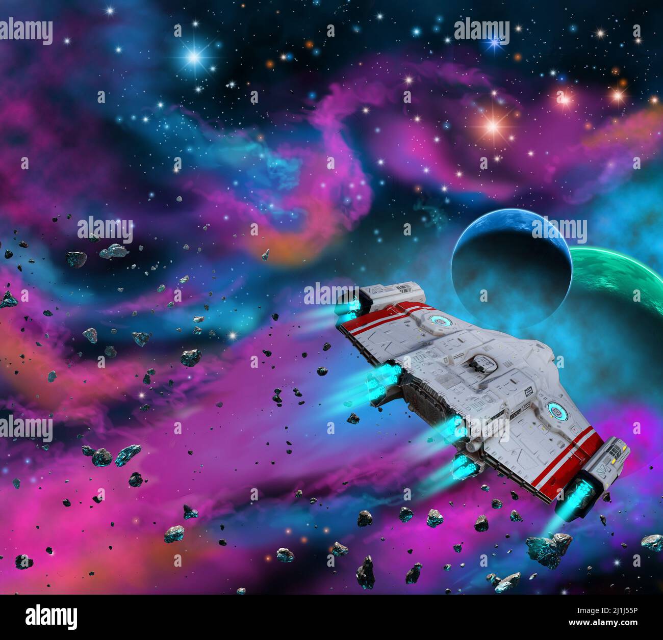 spaceship flying to an alien planetary system inside a nebula, 3d rendering Stock Photo - Alamy
