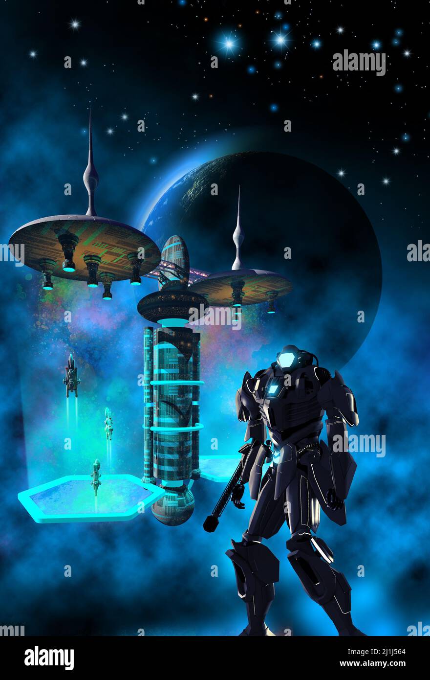 spaceship, space station and robot in space, orbiting around an alien planetary system, 3d ...