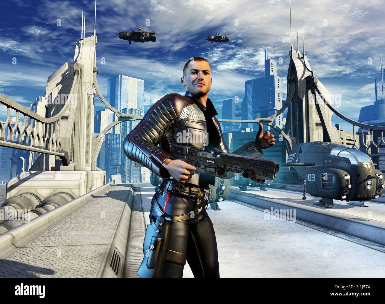 Futuristic soldier armed with plasma rifle in a space base, alien ...