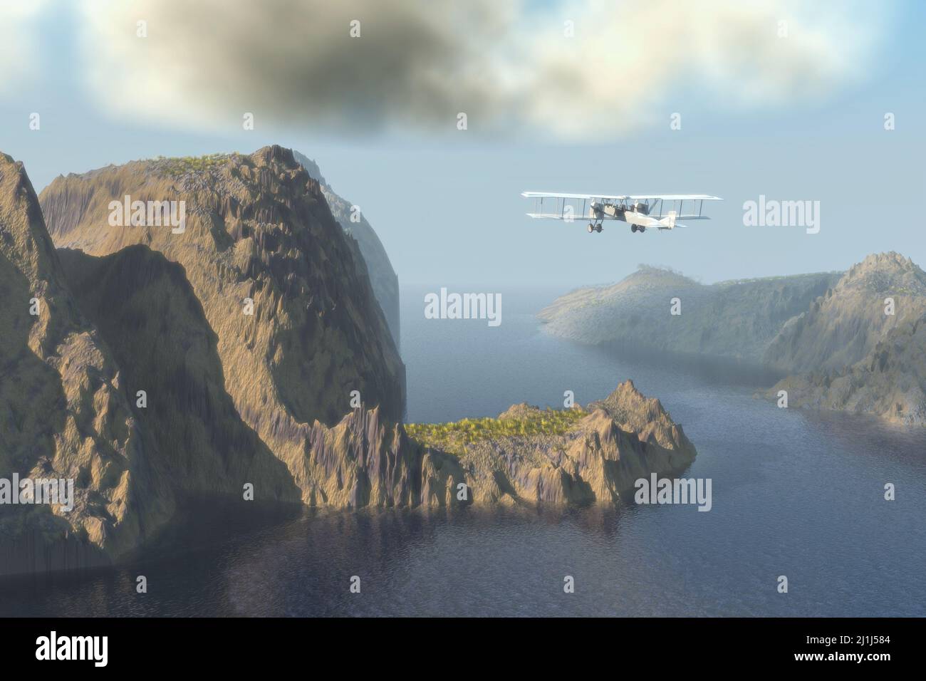 landscape with tall islands and mountains, a biplane flies over the ...