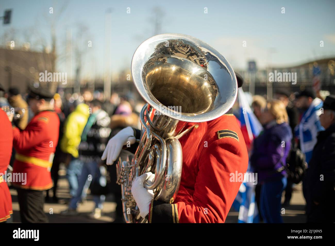 Trumpeter of military band. Wind instrument. Music performance ...