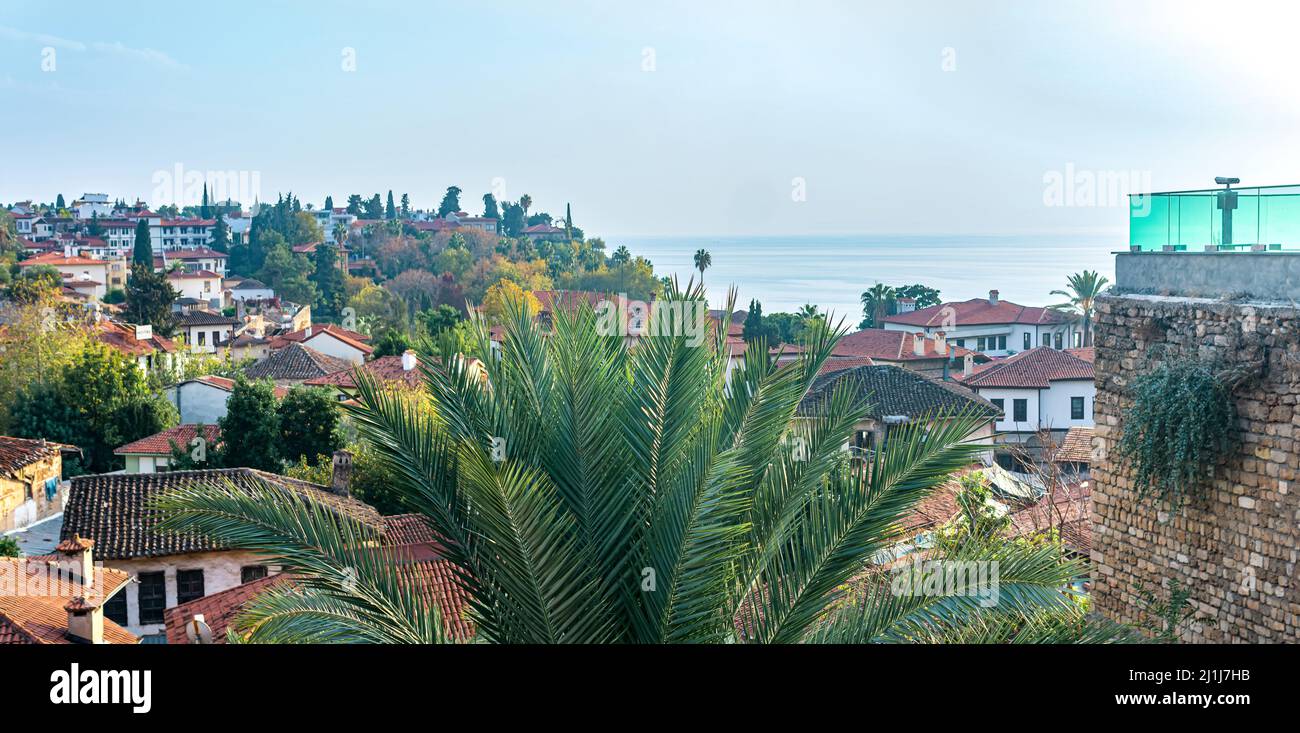 coastal landscape with ancient coastal Mediterranean city, Kaleiçi ...