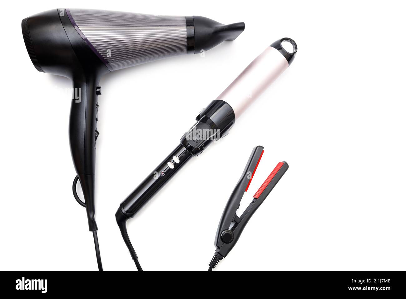 Different electronic tools for hair styling on white background Stock ...