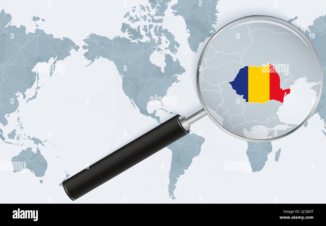 Enlarged map of Romania on America centered World Map. Magnified map ...