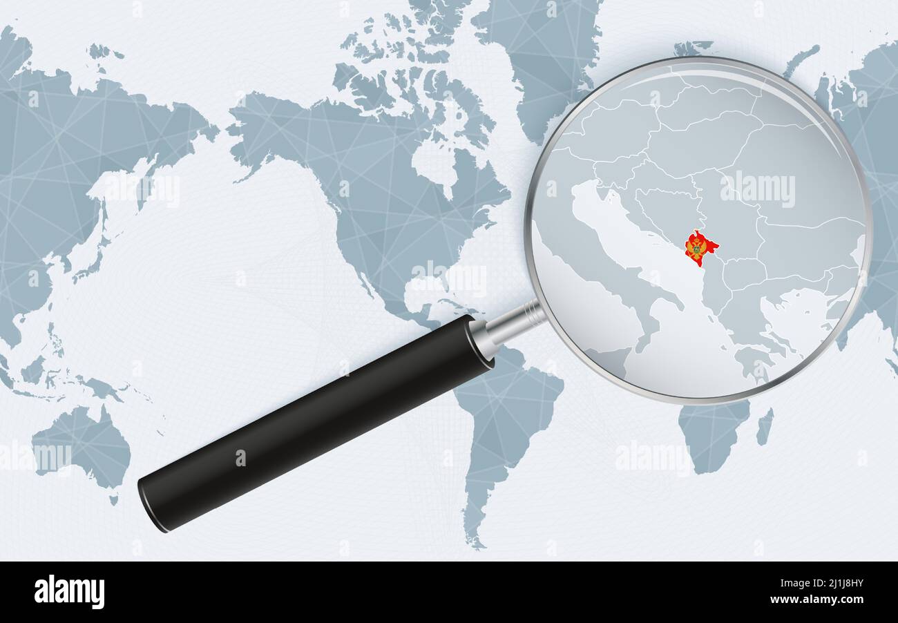 Enlarged map of Montenegro on America centered World Map. Magnified map and flag of Montenegro ...