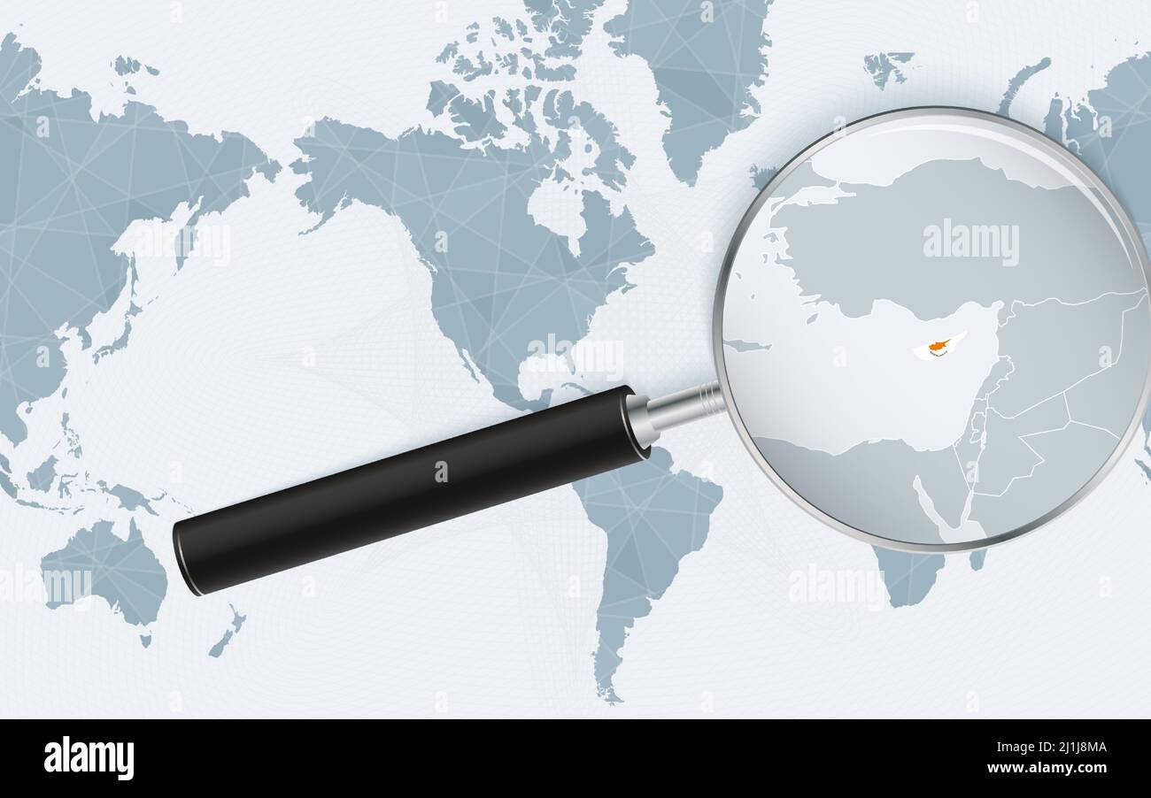 Enlarged map of Cyprus on America centered World Map. Magnified map and ...