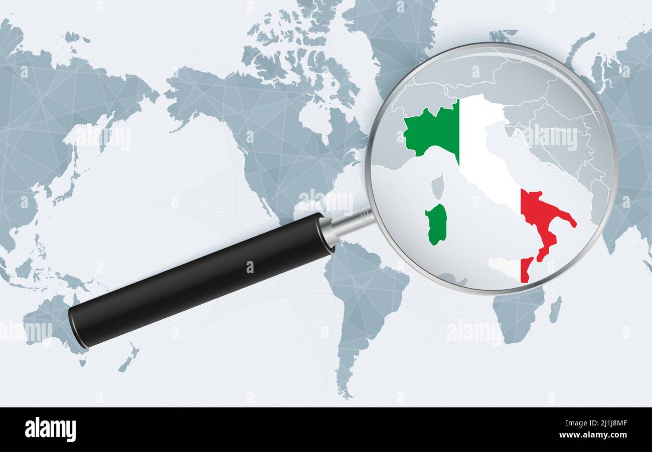 Enlarged map of Italy on America centered World Map. Magnified map and ...