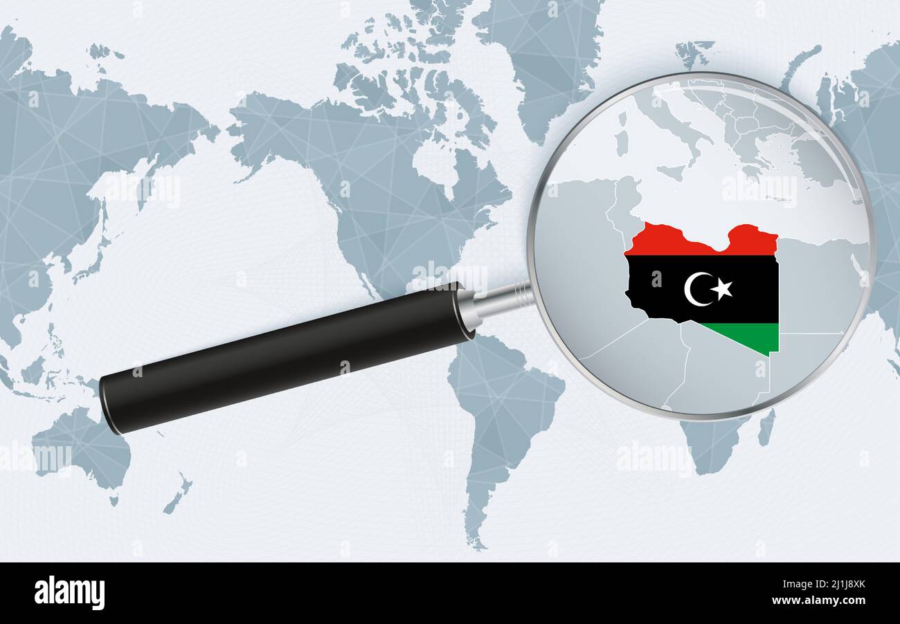 Enlarged map of Libya on America centered World Map. Magnified map and ...