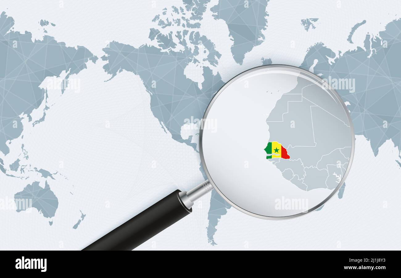Enlarged map of Senegal on America centered World Map. Magnified map and flag of Senegal. Vector ...