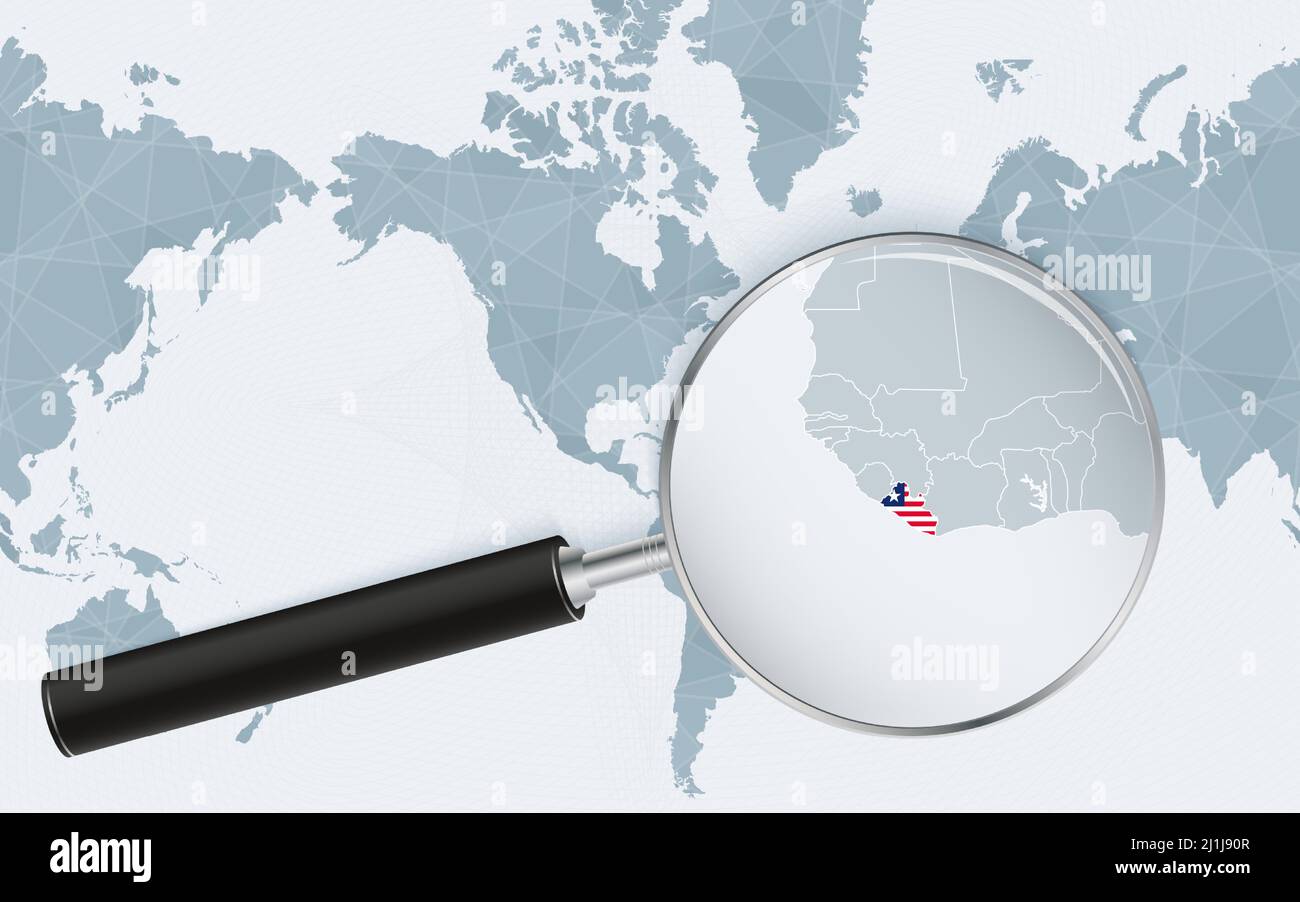Enlarged map of Liberia on America centered World Map. Magnified map ...