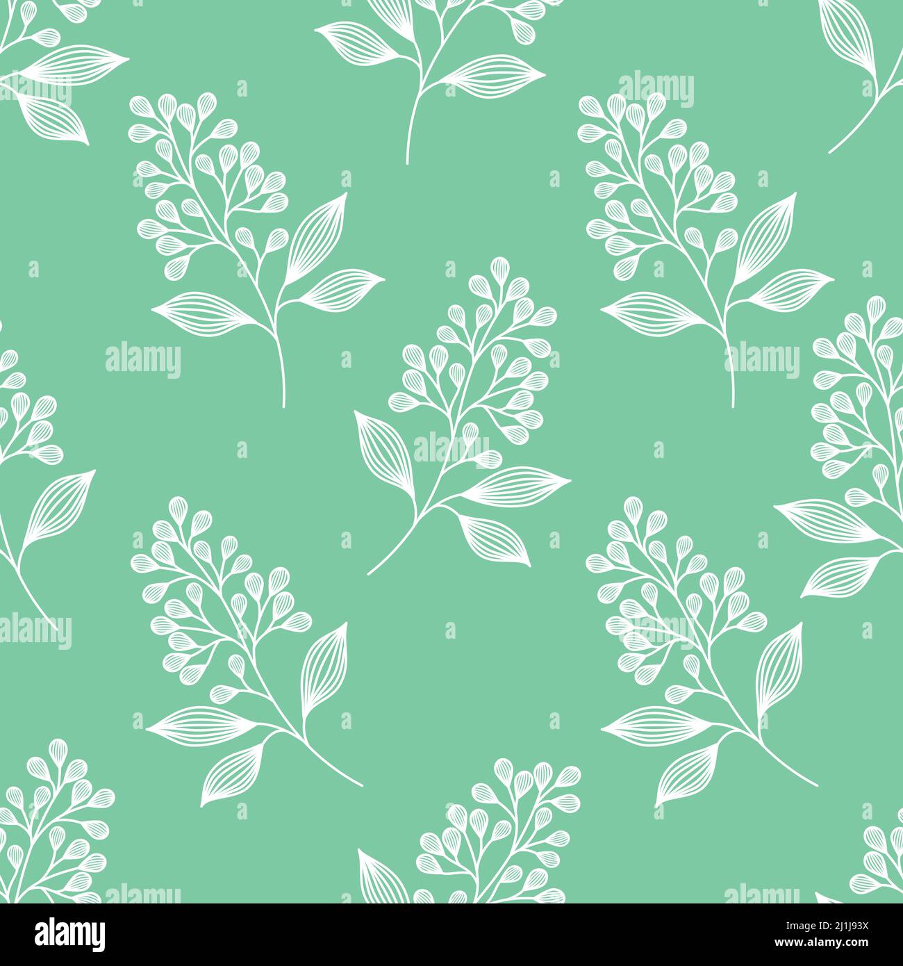 Seamless Vector Pattern with Cute Doodle Branches on Mint Background ...