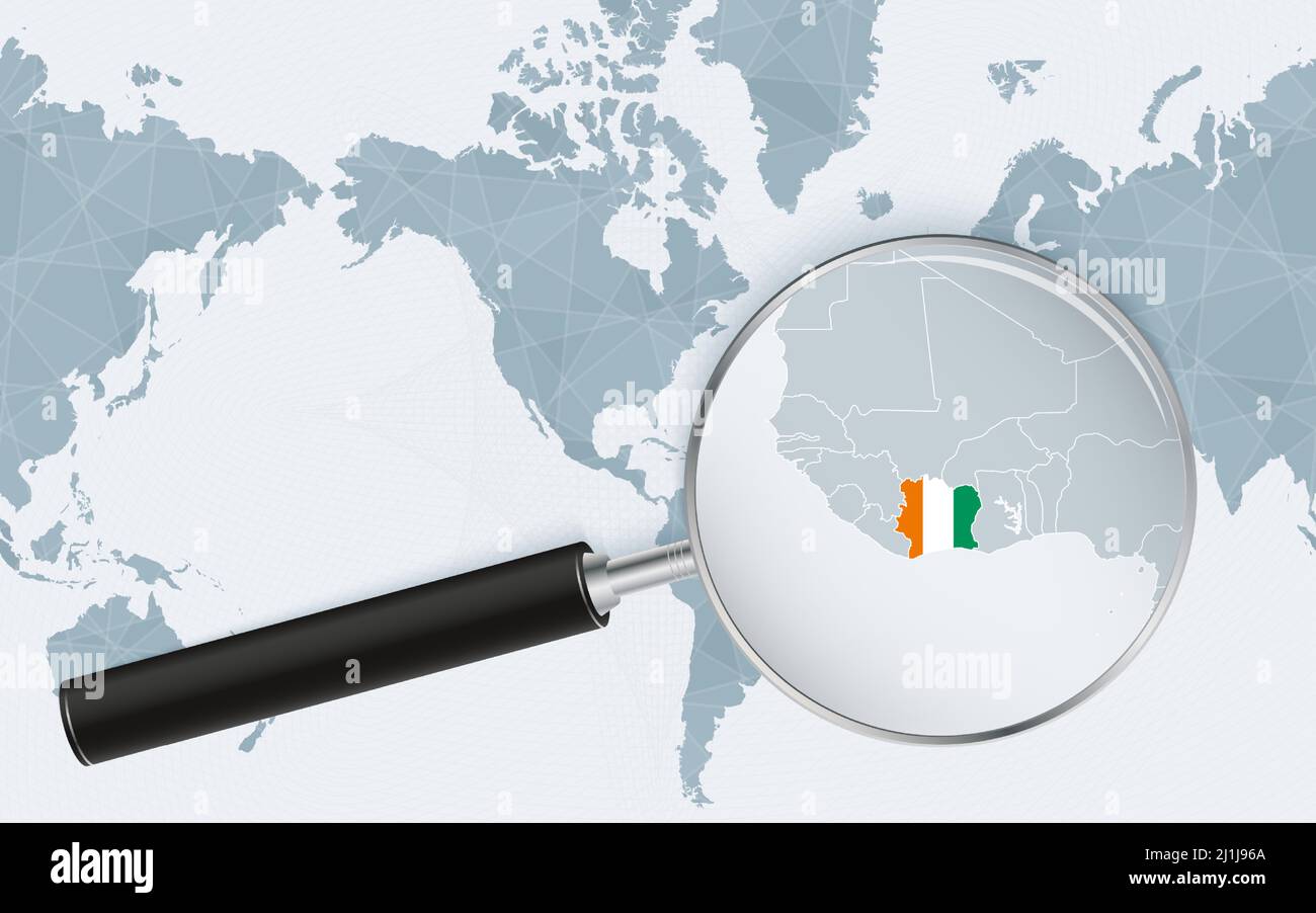 Enlarged map of Ivory Coast on America centered World Map. Magnified map and flag of Ivory Coast ...