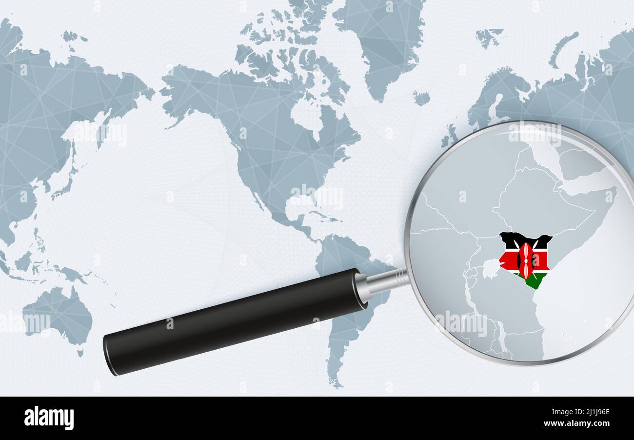 Enlarged map of Kenya on America centered World Map. Magnified map and ...