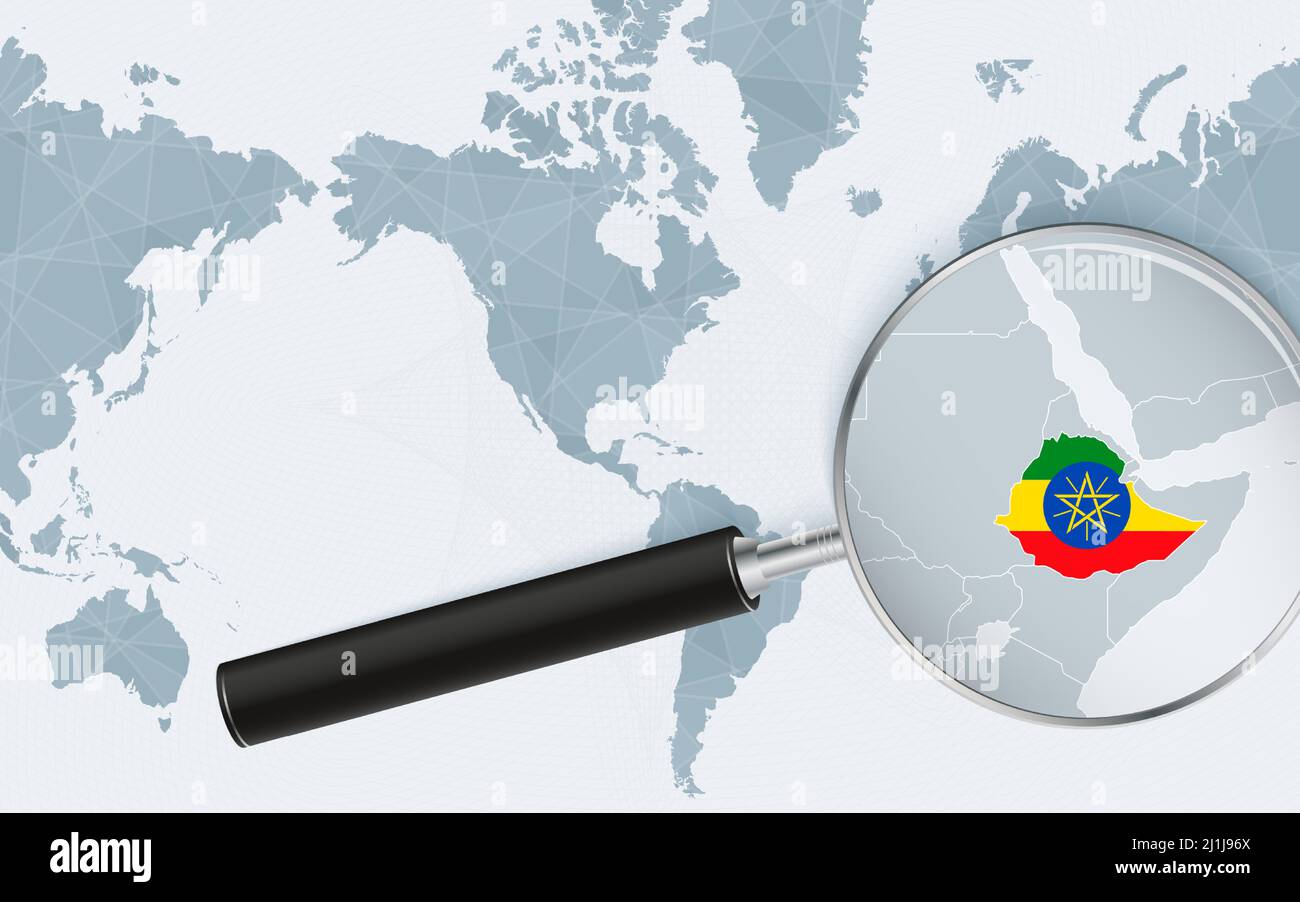 Enlarged map of Ethiopia on America centered World Map. Magnified map ...