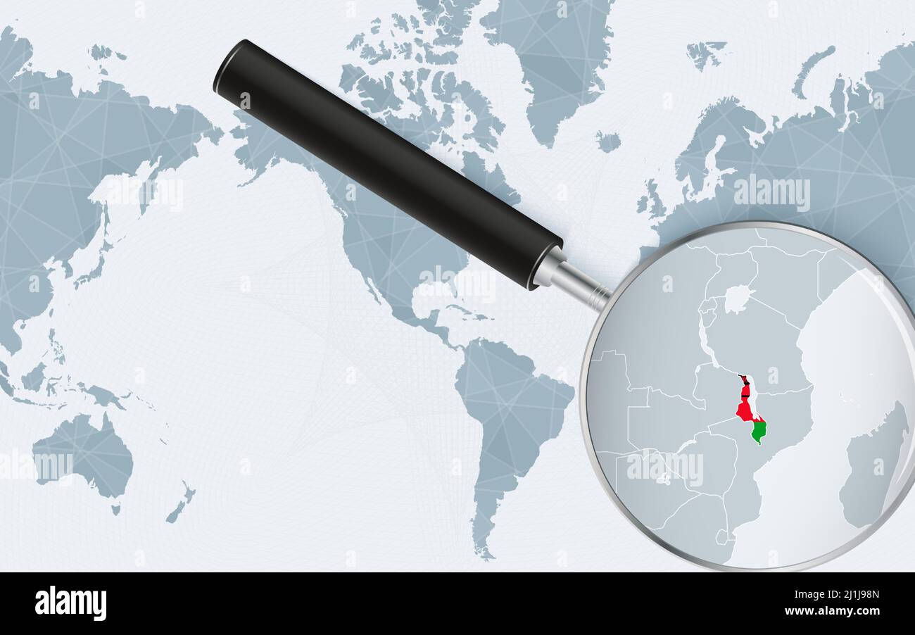 Enlarged map of Malawi on America centered World Map. Magnified map and flag of Malawi. Vector ...