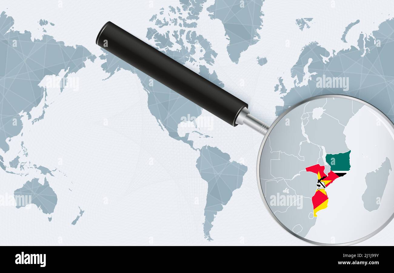 Enlarged map of Mozambique on America centered World Map. Magnified map and flag of Mozambique ...