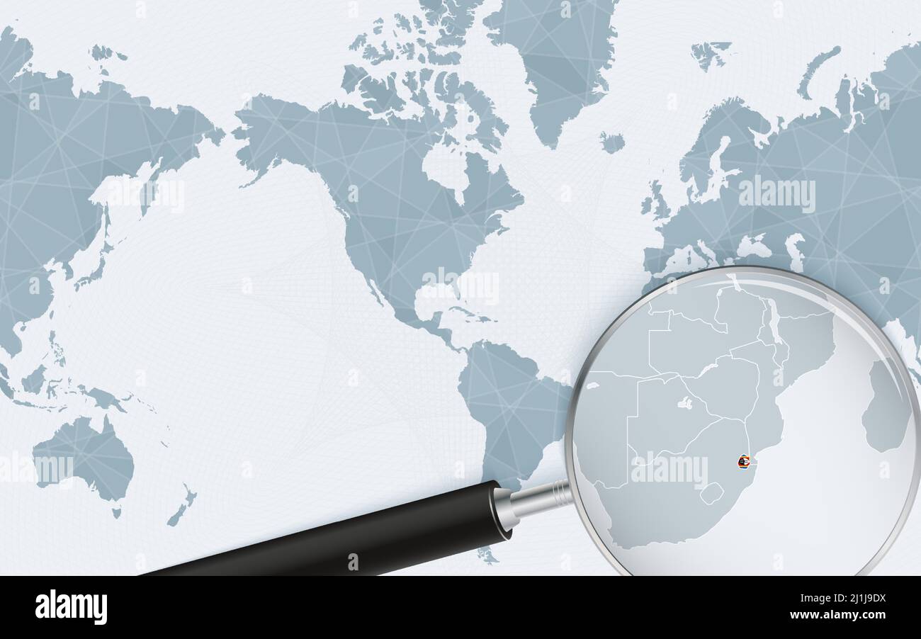 Enlarged map of Swaziland on America centered World Map. Magnified map ...