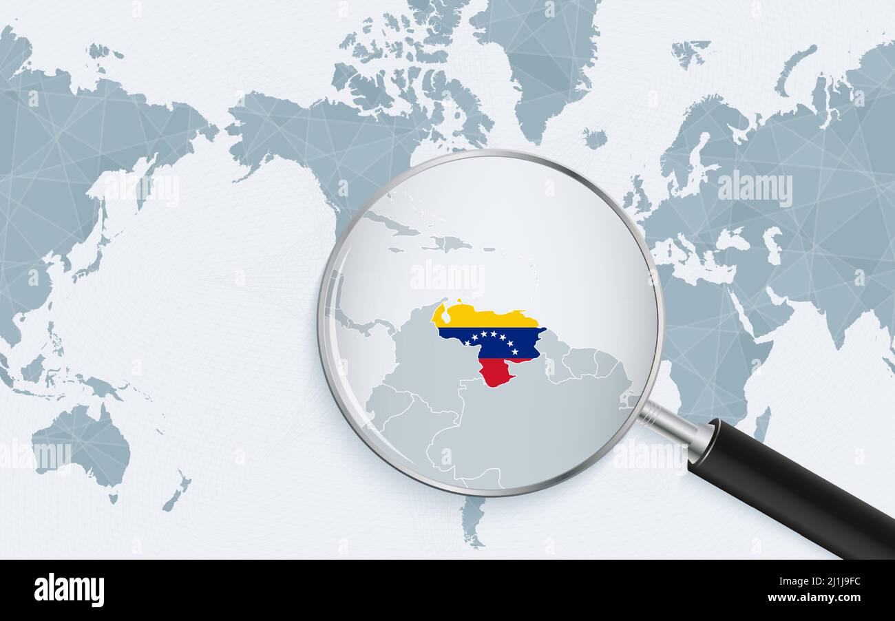 Enlarged map of Venezuela on America centered World Map. Magnified map ...