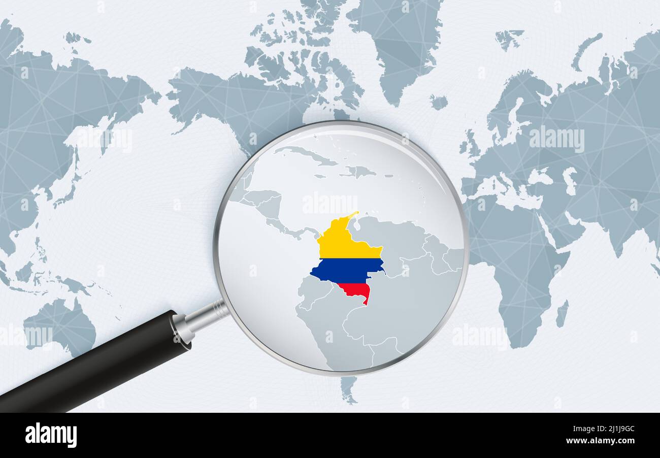 Enlarged map of Colombia on America centered World Map. Magnified map ...