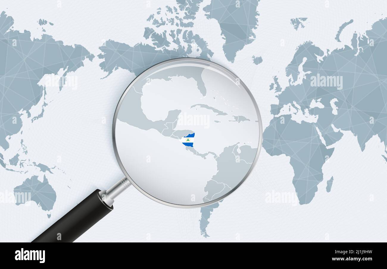 Enlarged map of Nicaragua on America centered World Map. Magnified map ...