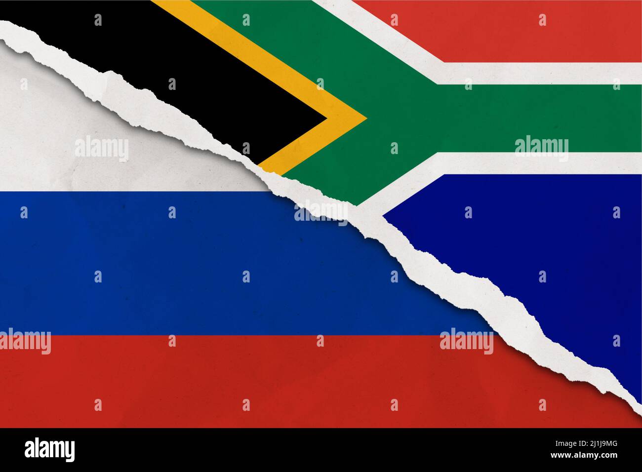 South Africa and Russia flag ripped paper grunge background. Abstract ...