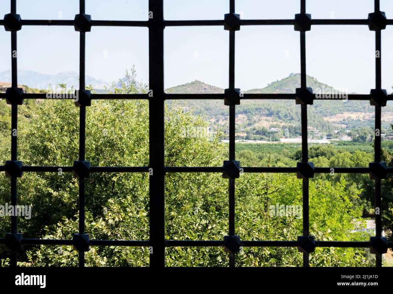 window with iron and rods. Barred window in ancient theatre Building ...