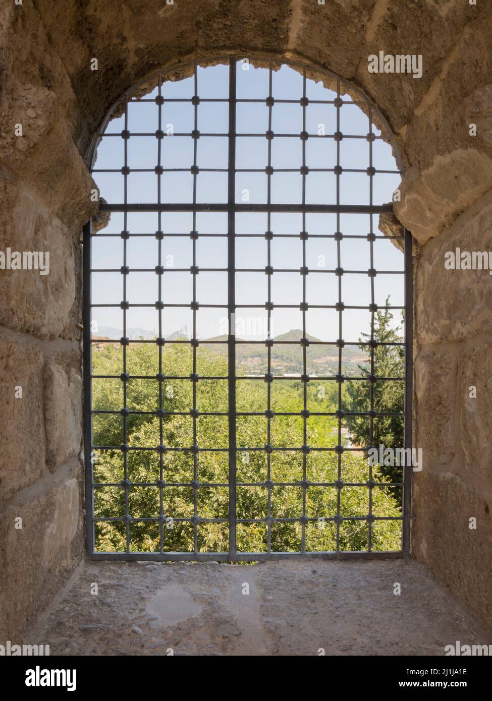 window with iron and rods. Barred window in ancient theatre Building ...
