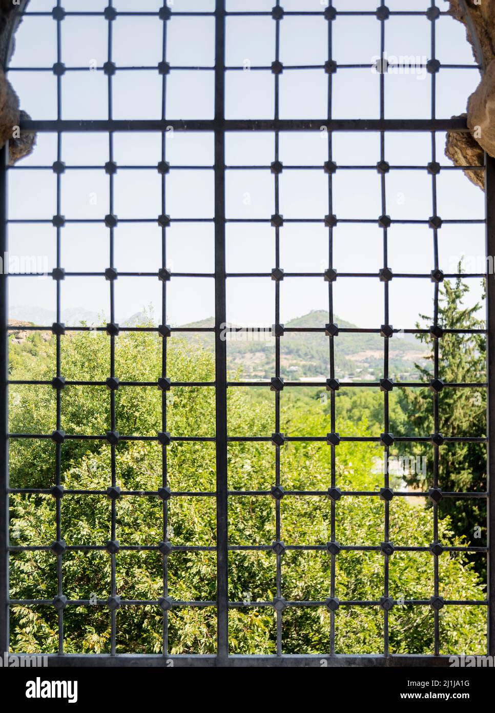 window with iron and rods. Barred window in ancient theatre Building ...