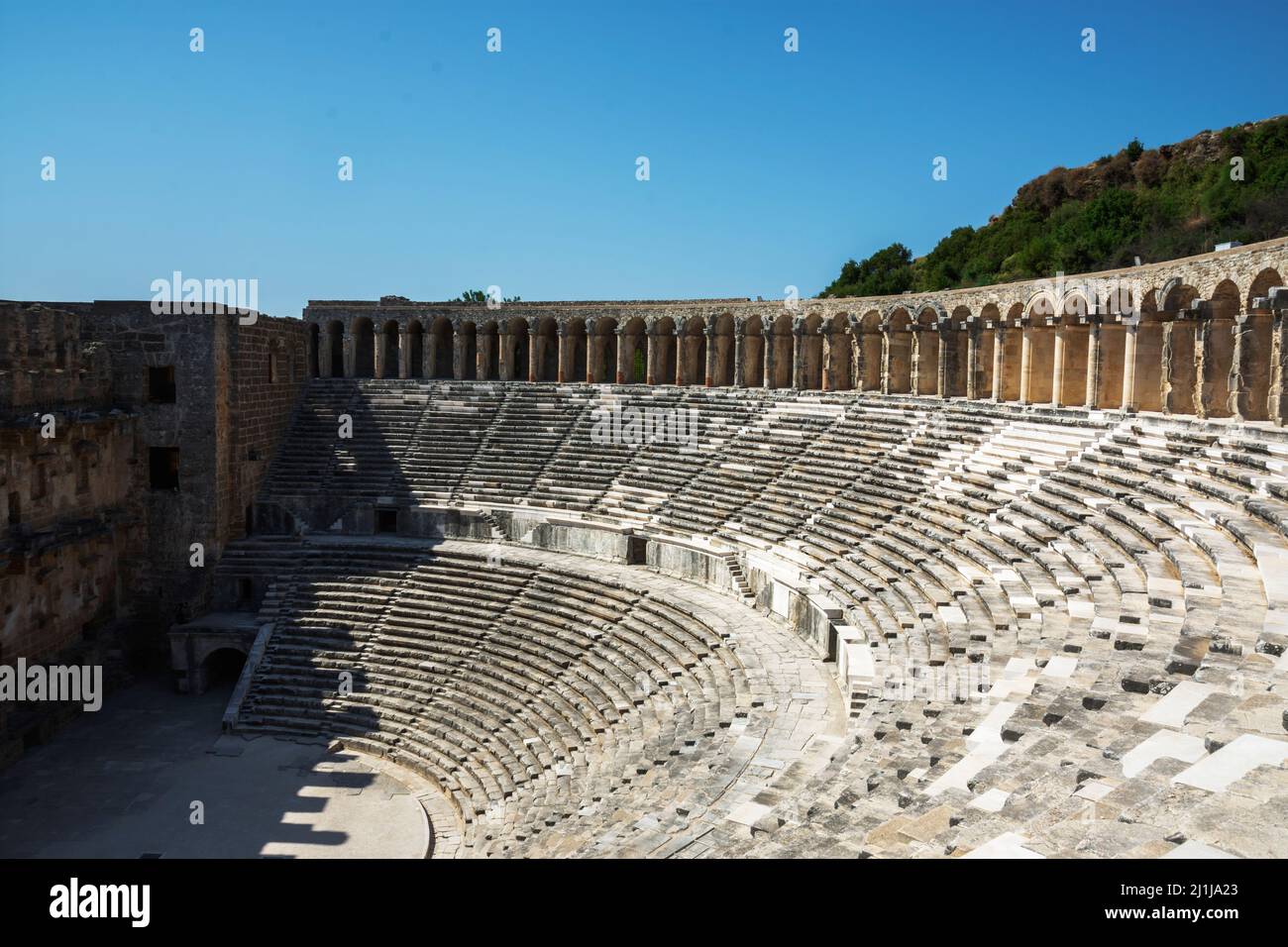 ANTALYA / TURKEY July 12, 2021 ; Ancient Roman amphitheater of Aspendos ...