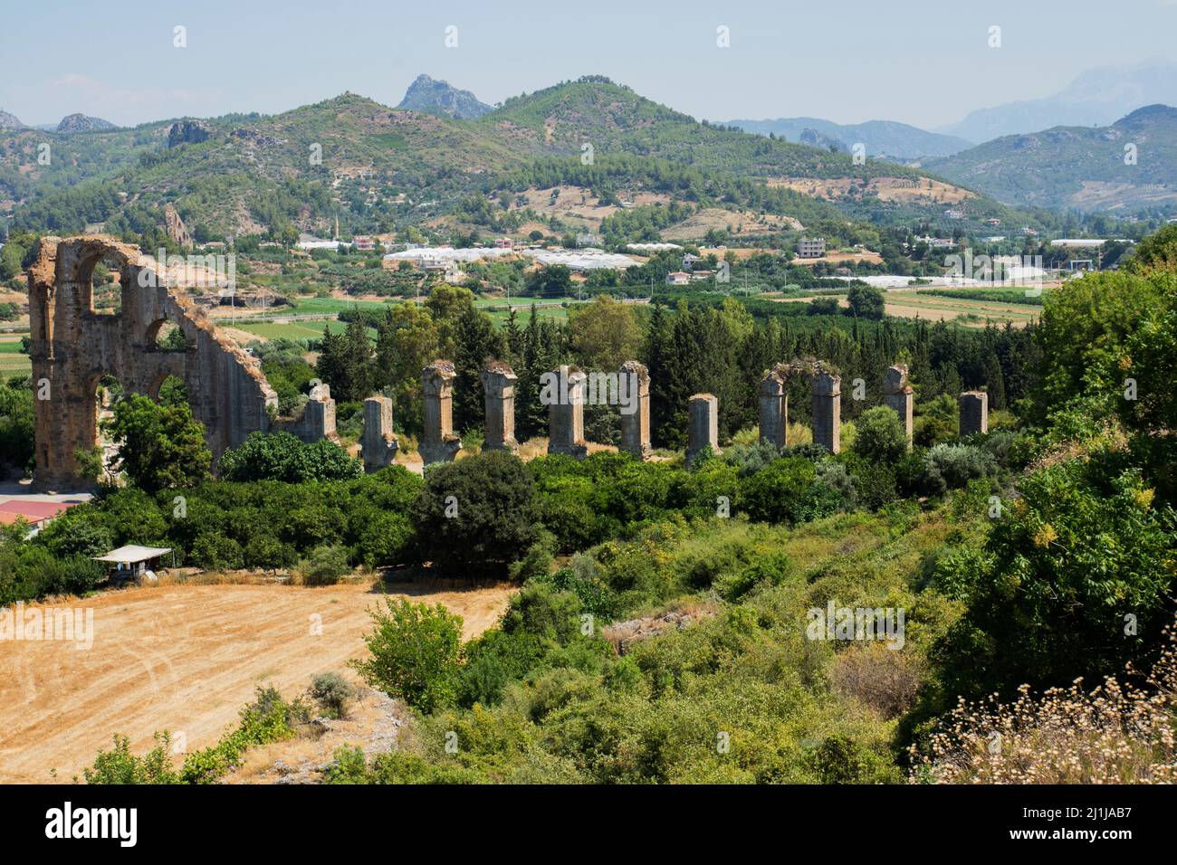 ANTALYA / TURKEY July 12, 2021 ; Aspendos city, acropolis aqueduct ...