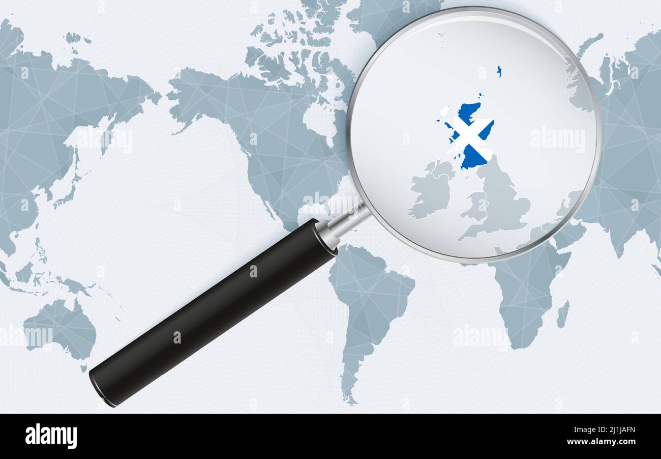 Enlarged map of Scotland on America centered World Map. Magnified map ...