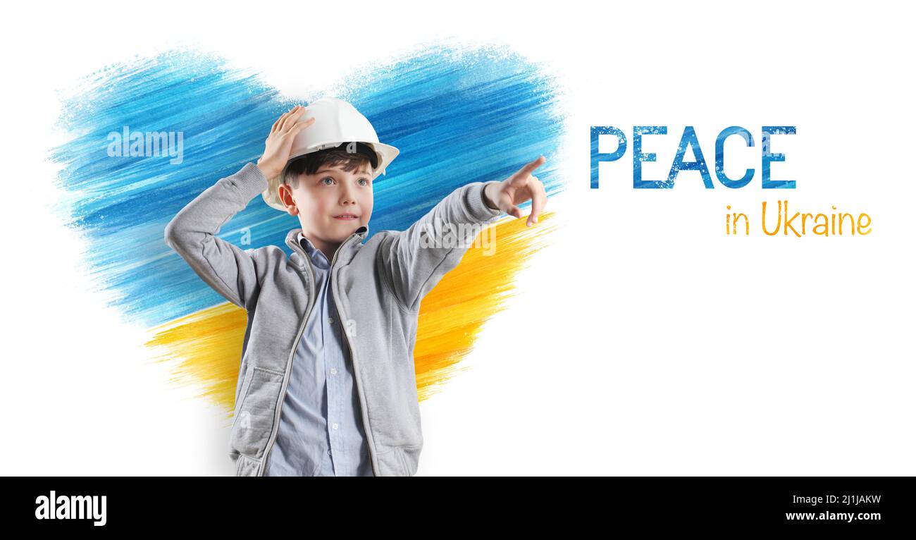 Stop war and peace for Ukraine Concept. Child with protective helmet ...