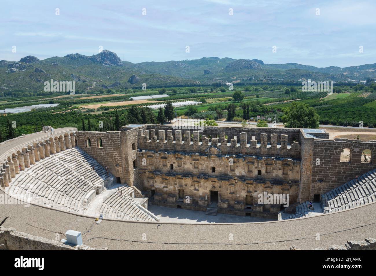 ANTALYA / TURKEY July 12, 2021 ; Roman amphitheater of Aspendos, Belkiz ...