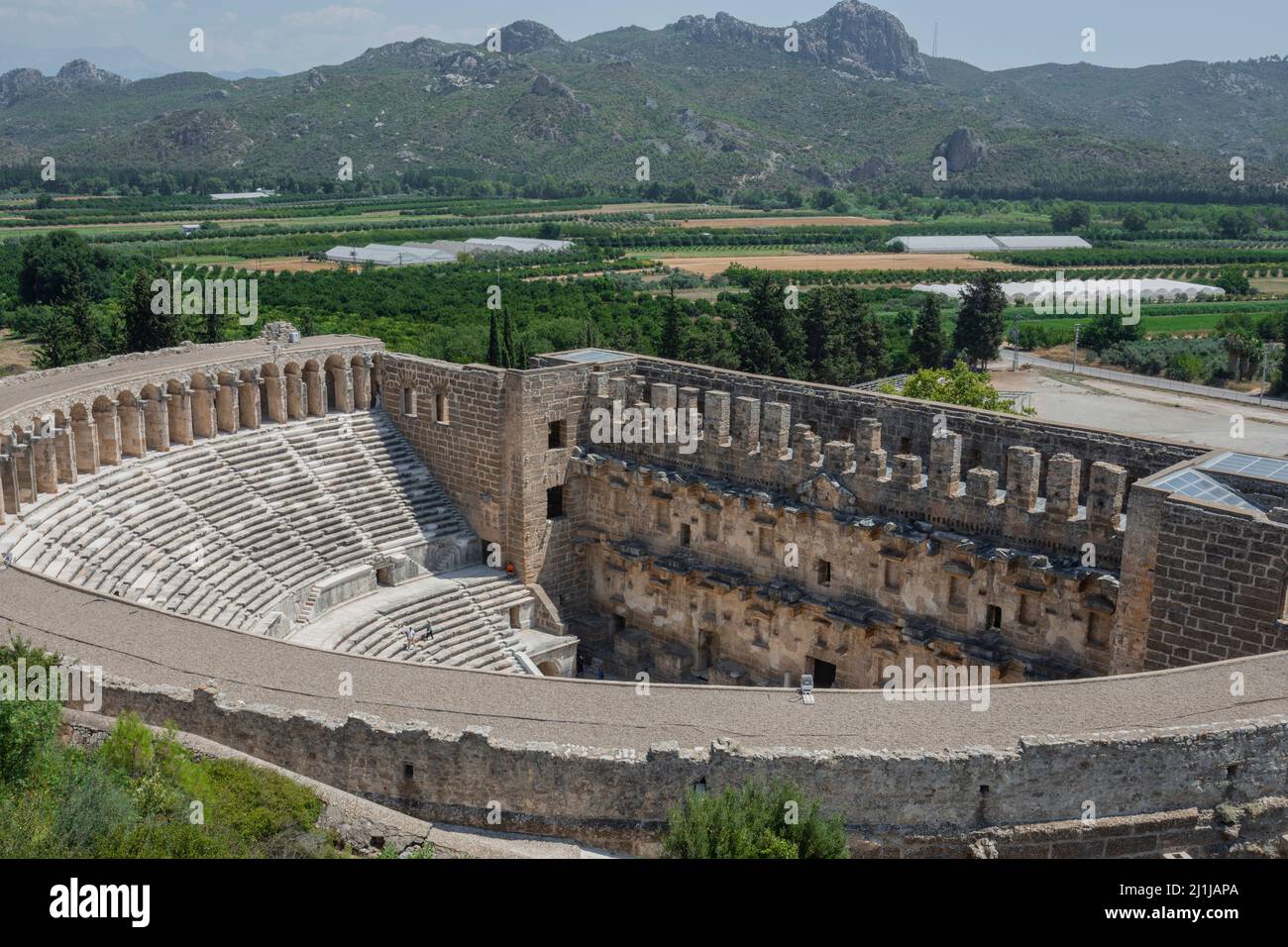 ANTALYA / TURKEY July 12, 2021 ; Roman amphitheater of Aspendos, Belkiz ...