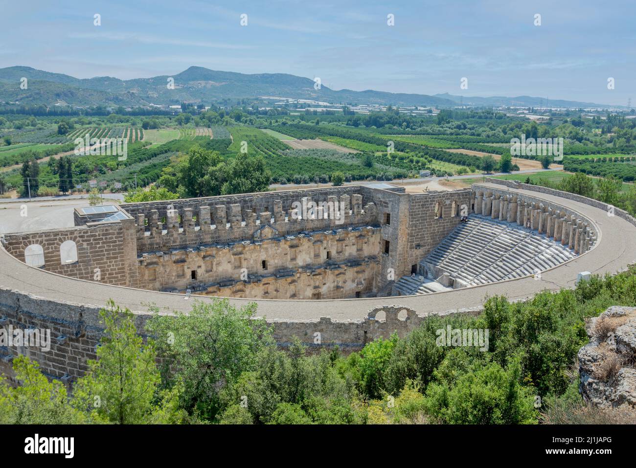 ANTALYA / TURKEY July 12, 2021 ; Roman amphitheater of Aspendos, Belkiz ...