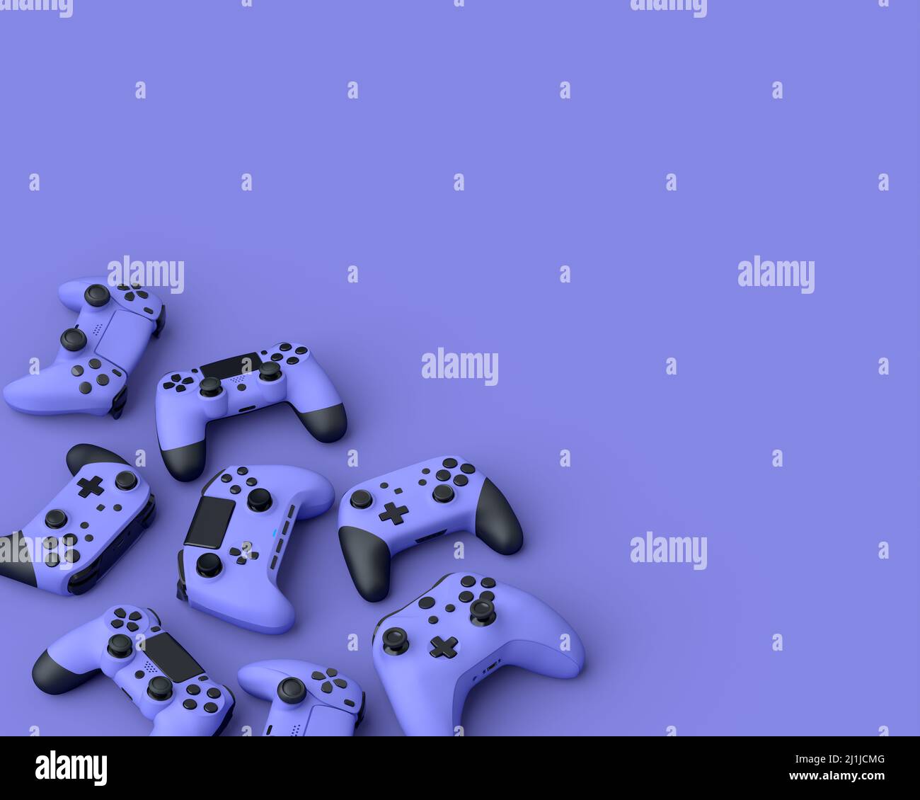 Set of lying gamer joysticks or gamepads on purple background with blur ...