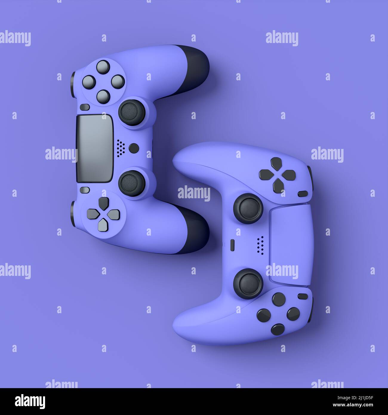 Set of lying gamer joysticks or gamepads on purple background with blur ...