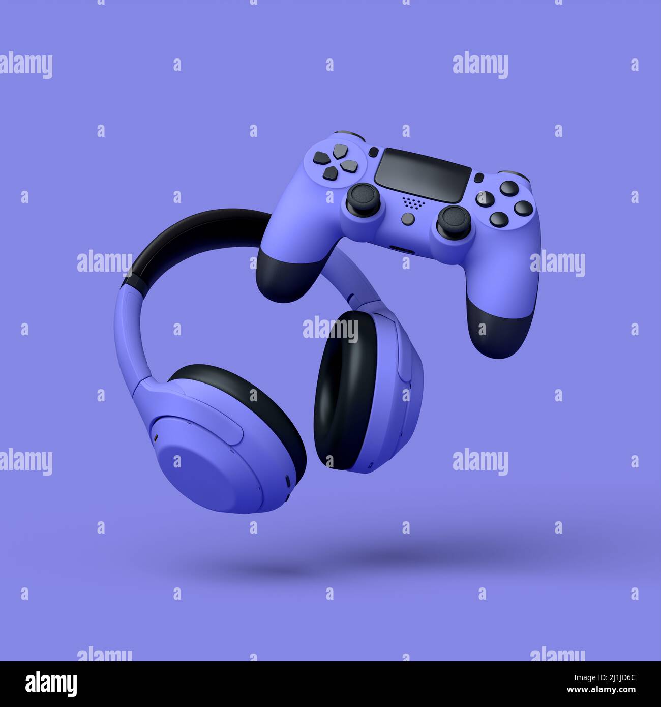 Flying gamer gears like headset, headphones and joystick on purple ...