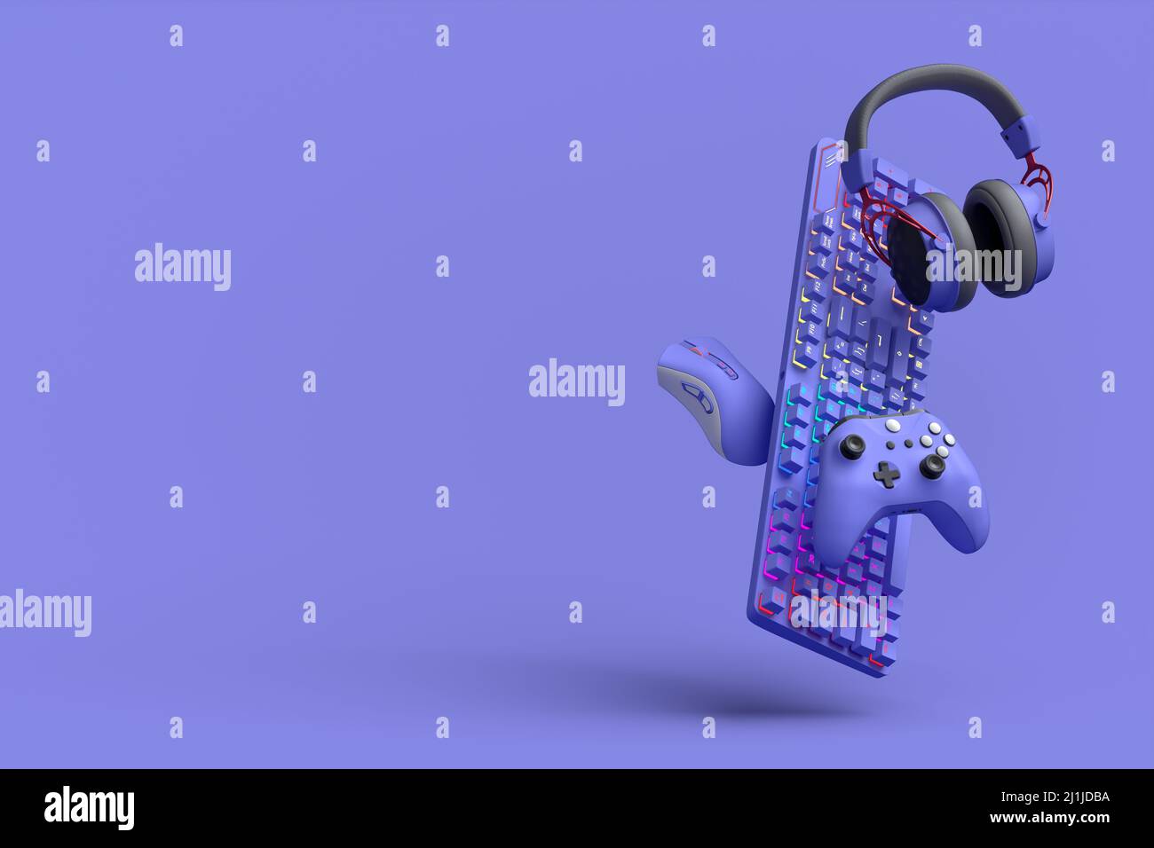 Flying gamer gears like mouse, keyboard, joystick, headset, VR Headset ...