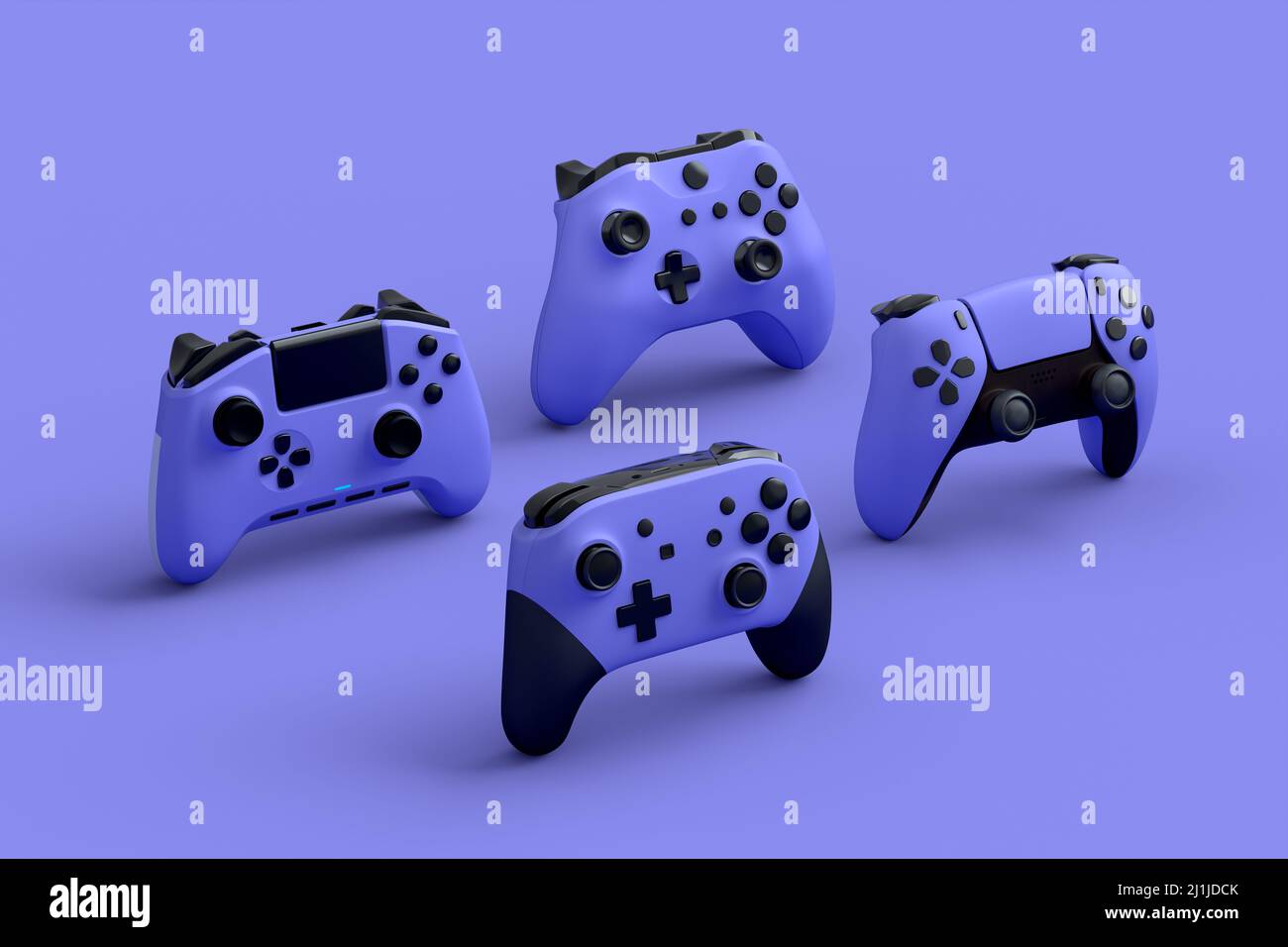 Set of standing gamer joysticks or gamepads on purple background with ...