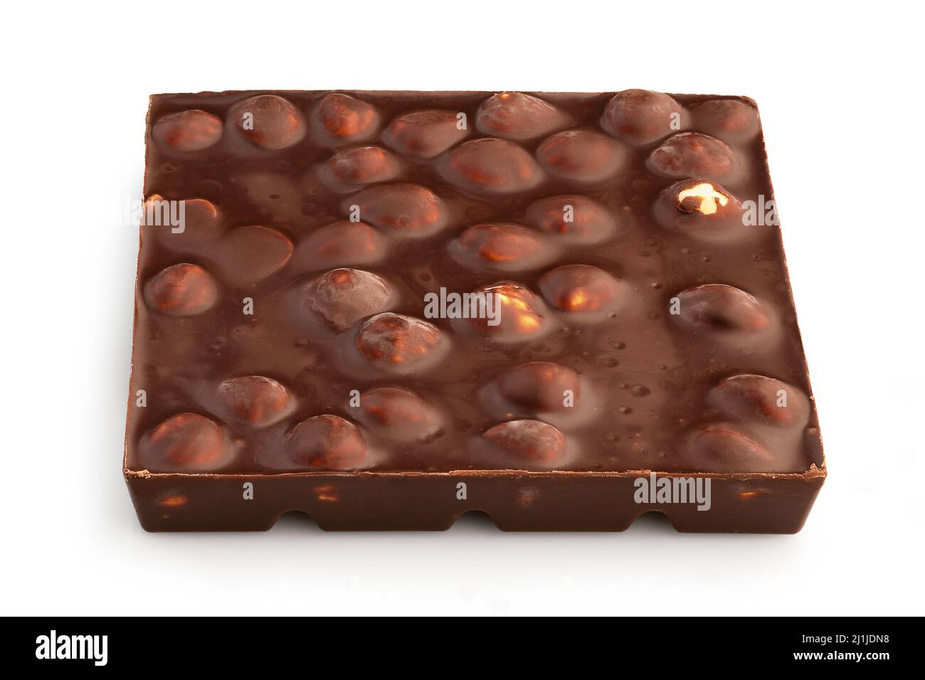 Chocolate square bar with hazelnuts isolated on a white background with ...