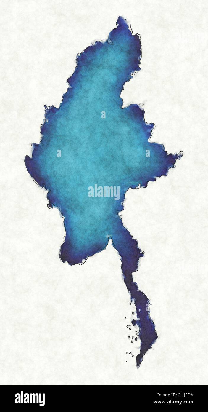 Myanmar map with drawn lines and blue watercolor illustration Stock ...