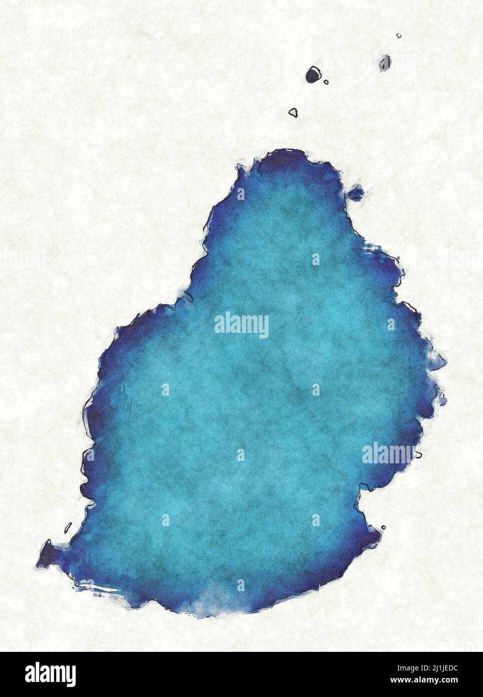 Mauritius map with drawn lines and blue watercolor illustration Stock ...